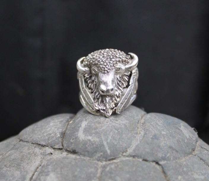 Large Sterling Silver Buffalo Head Ring with Feathers | Freedom Jewelry USA